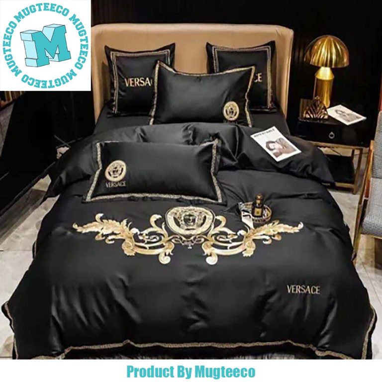 Versace Big Golden Logo And Baroque Pattern In Blue Background Bathroom ...