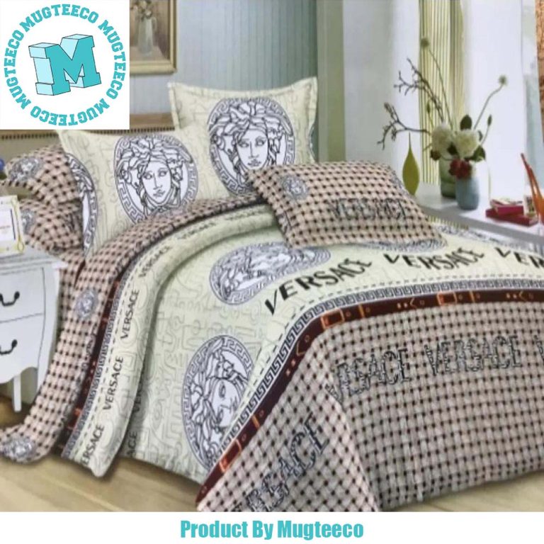 Versace Black Logo In Grey Background Bedding Set King Size - Mugteeco