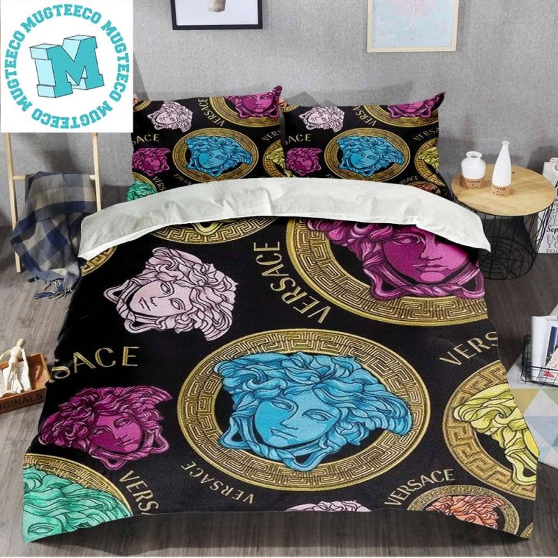 Versace Medusa Head Logo White And Circle Greca Border Bedding Set King ...