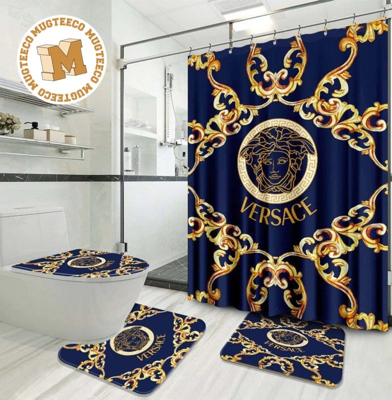 Versace Big Golden Logo And Baroque Pattern In Blue Background Bathroom ...